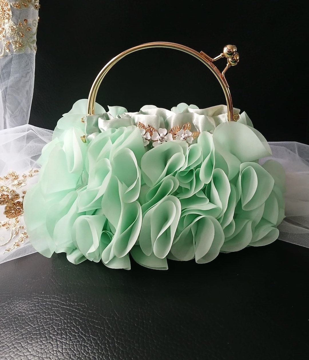 Sage Green Chiffon Evening Clutch Bag With Flowers,wedding Handbag for ...
