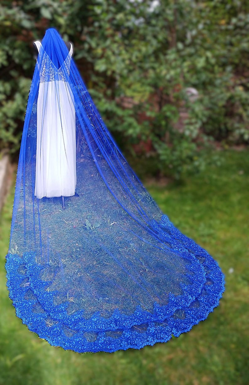 Royal Blue Cathedral Wedding Veil: Double Lace Edge With Comb - Etsy