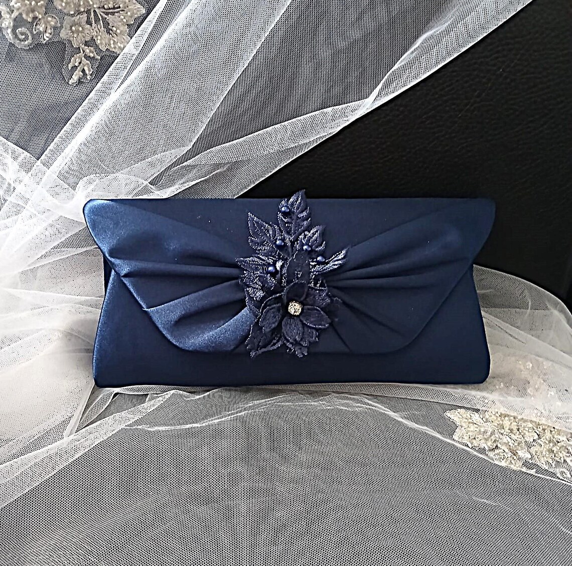 Navy Blue Satin Evening Clutch: Floral Wedding Handbag - Etsy