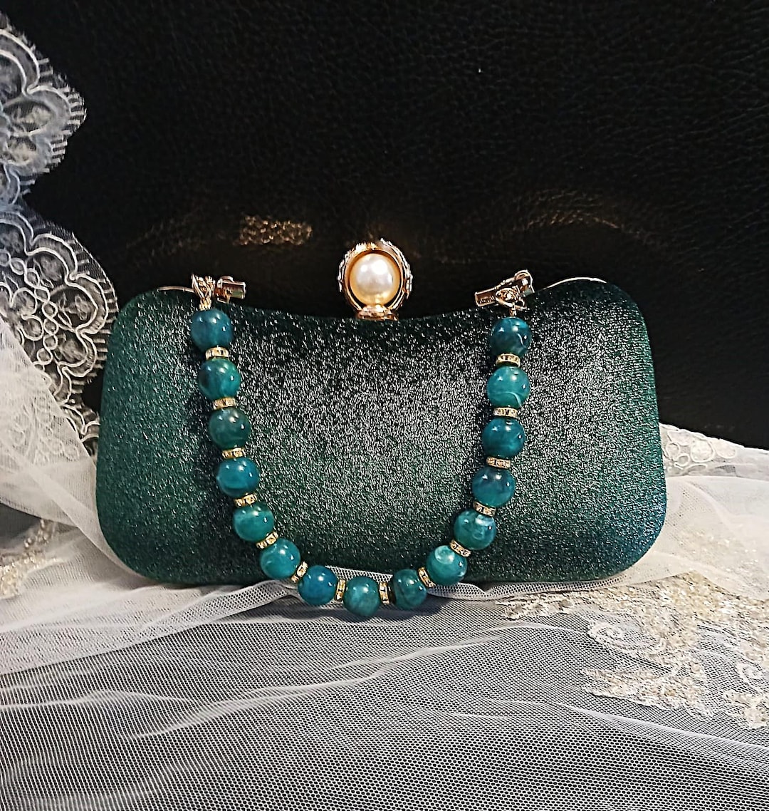Emerald Green Velvet Evening Clutch Bag With Gold Hardware and Matching ...