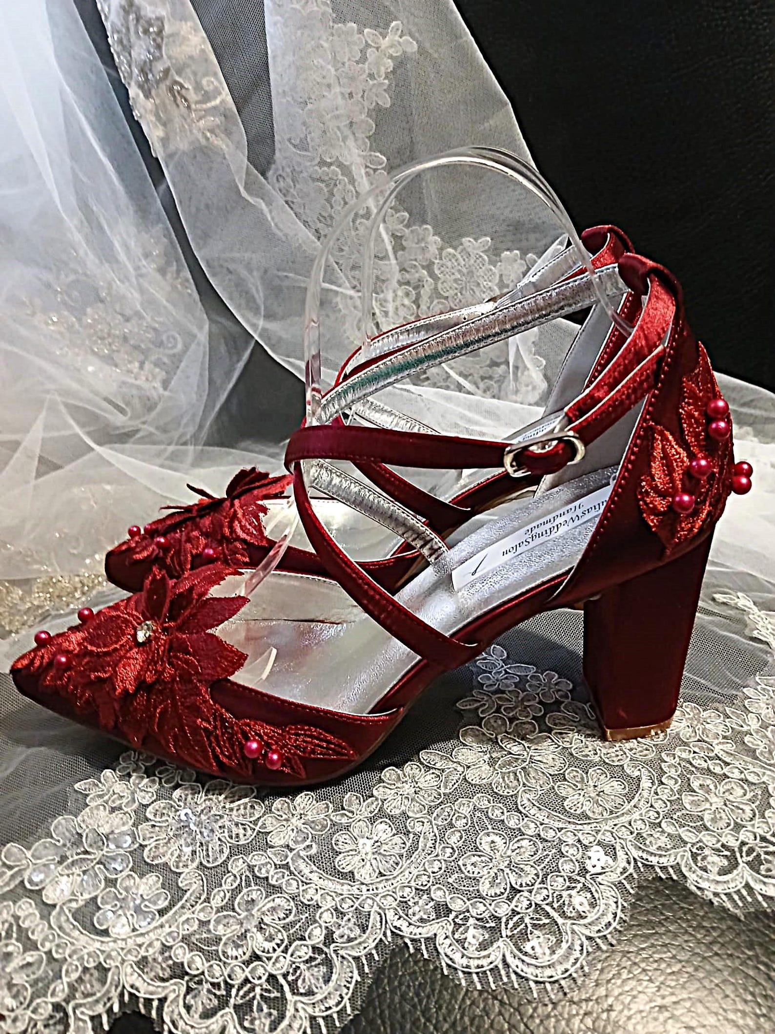Wine Red Satin Shoes With Floral Clutch Bag: Burgundy Block Heel ...