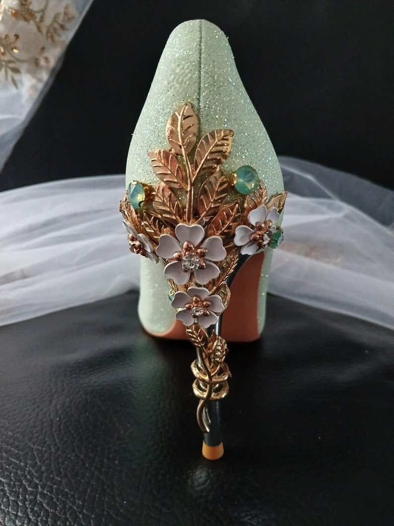 Sage Green Glitter Heels With Cherry Blossom Clutch Bag: Bridal Shoes ...