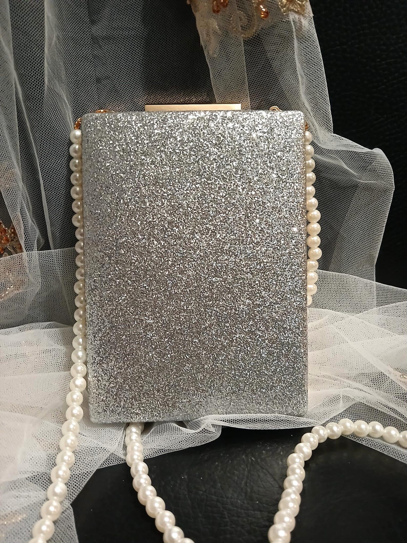 Glitter Silver Evening Clutch Bag With Pearl Handle,wedding Handbag for ...