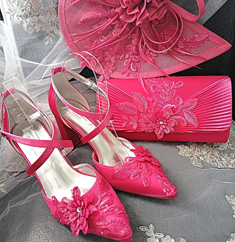 Fuchsia Satin Shoe, Hat & Clutch Set: Floral Block Heel, Formal Event ...