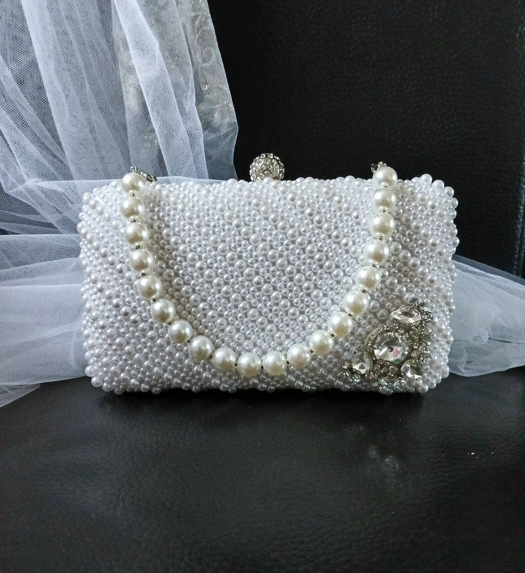 White Pearl Evening Clutch Bag With Silver Hardware,wedding Handbag for ...