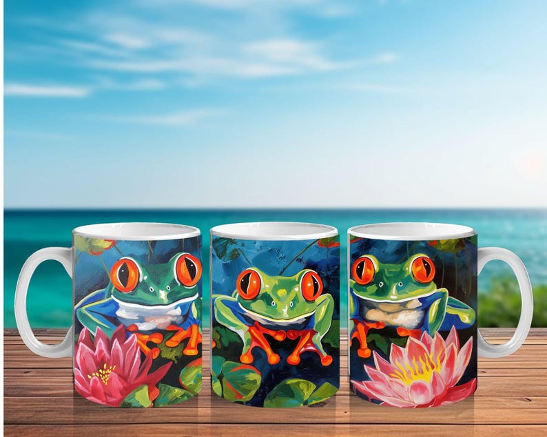 Brightly Colored Amphibious Tree Frogs on Flowering Lily Pads Coffee ...