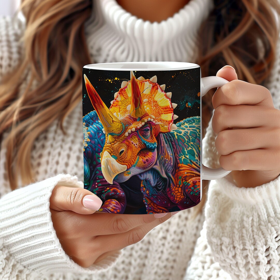 Colorful Triceratops Dinosaurs Coffee Tea or Coco Mug, Artistic ...
