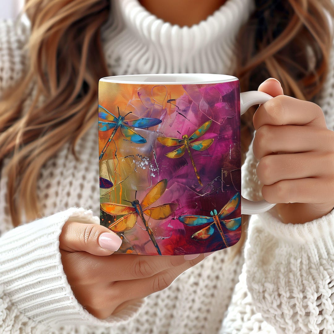 Rainbow of Colors Dragonfly Coffee Tea or Coco Mug, Brightly Colored ...