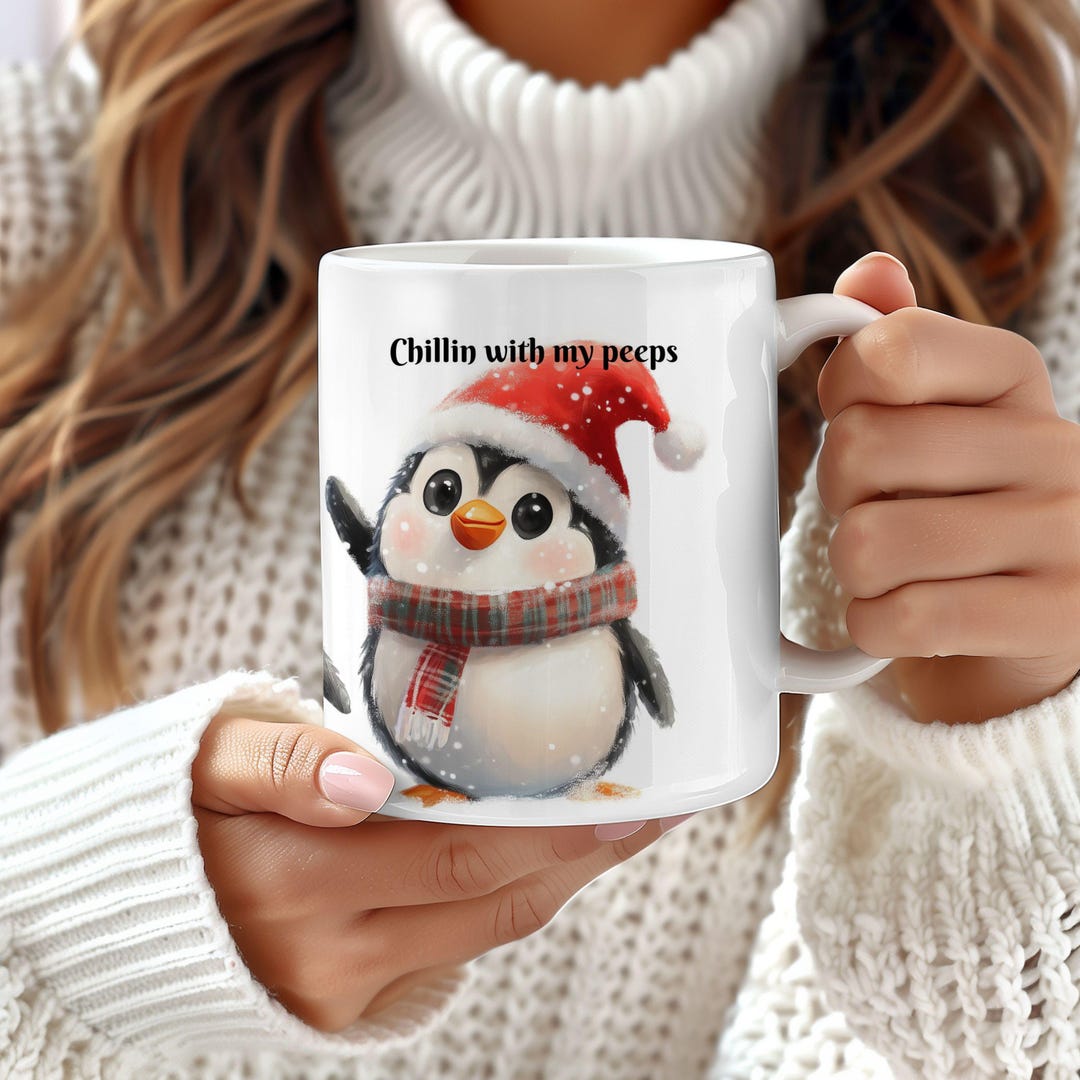 Cute Trio of Snowy Holiday Penguins Coffee Tea or Coco Mug, Penguin ...