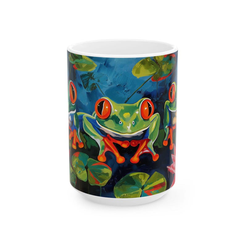 Brightly Colored Amphibious Tree Frogs on Flowering Lily Pads Coffee ...