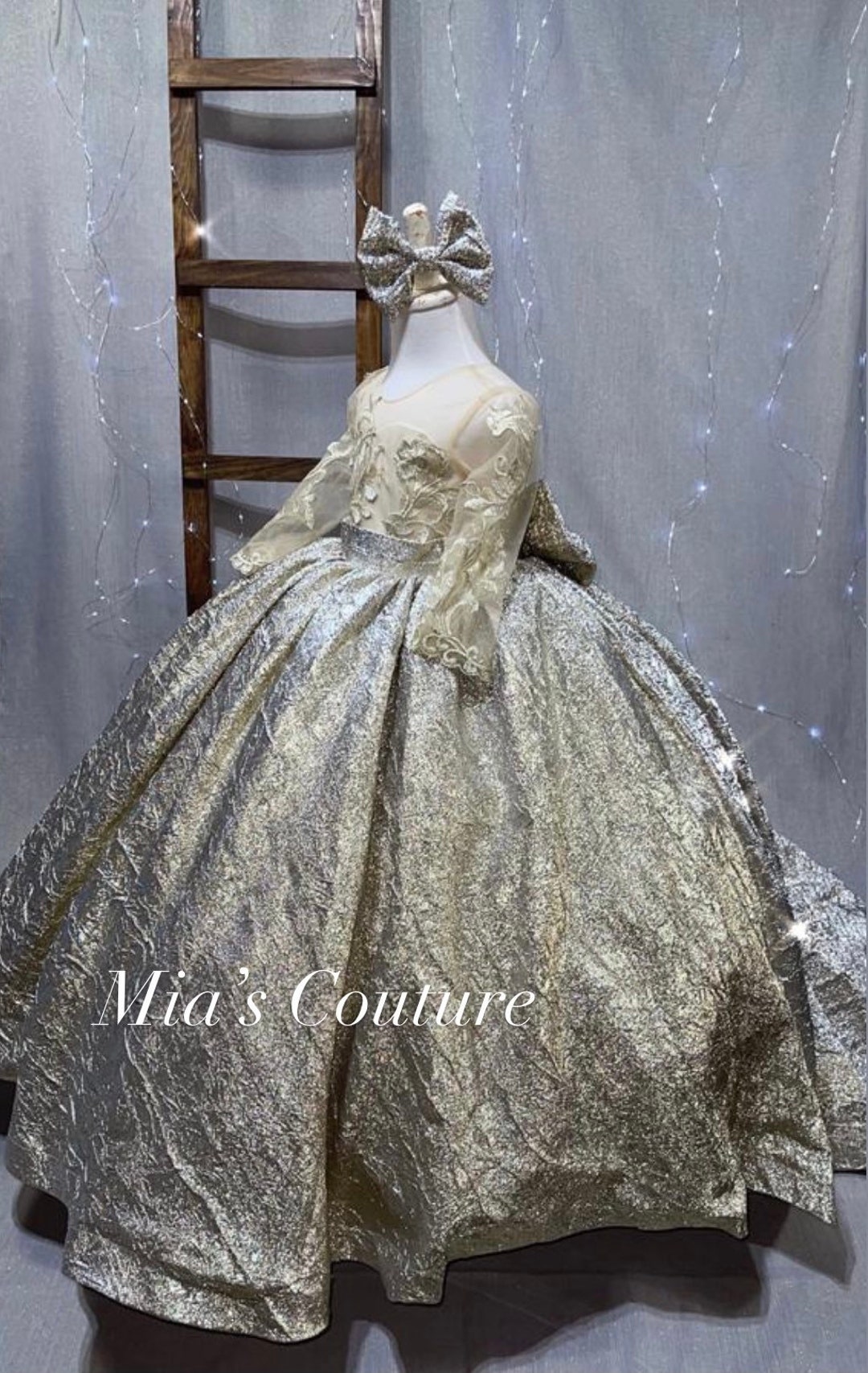 Gold Lace Pearl Embezzlement Sheer Ball Gown Vintage Style Beauty ...