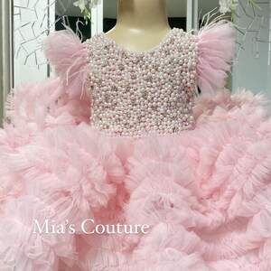Pink Ruffled Pearls & Rhinestone Embezzlement Feather Sheer Tulle ...
