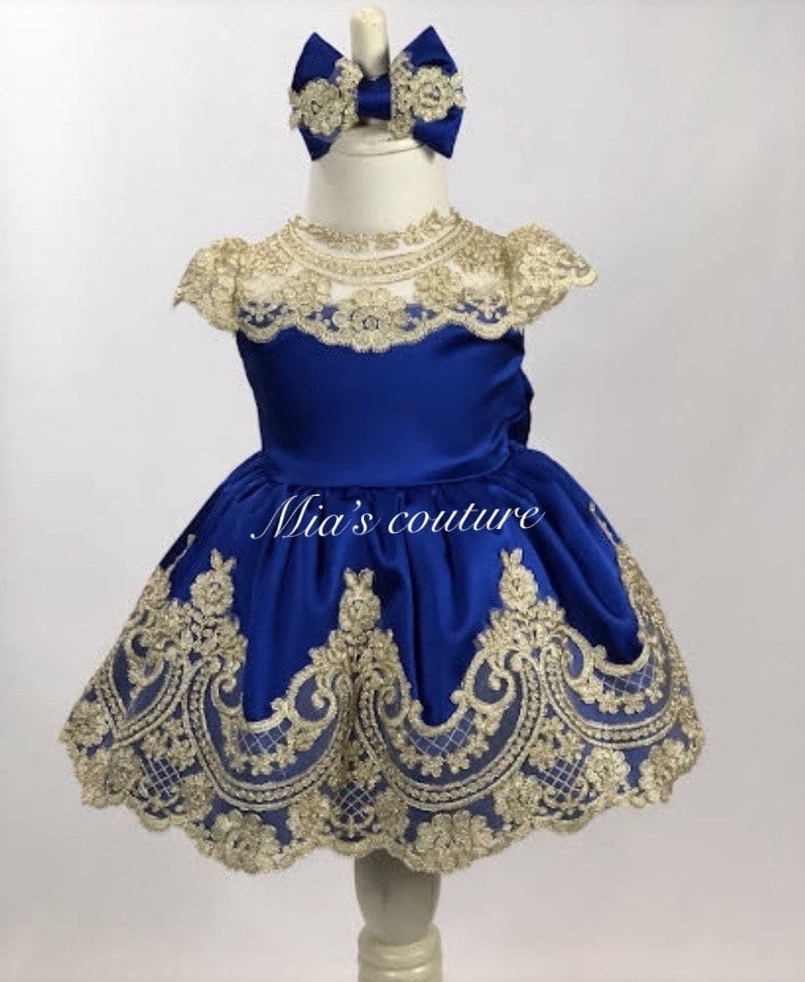 Gold & Royal Blue Vintage Lace Satin Big Bow Christmas Holiday Beauty ...
