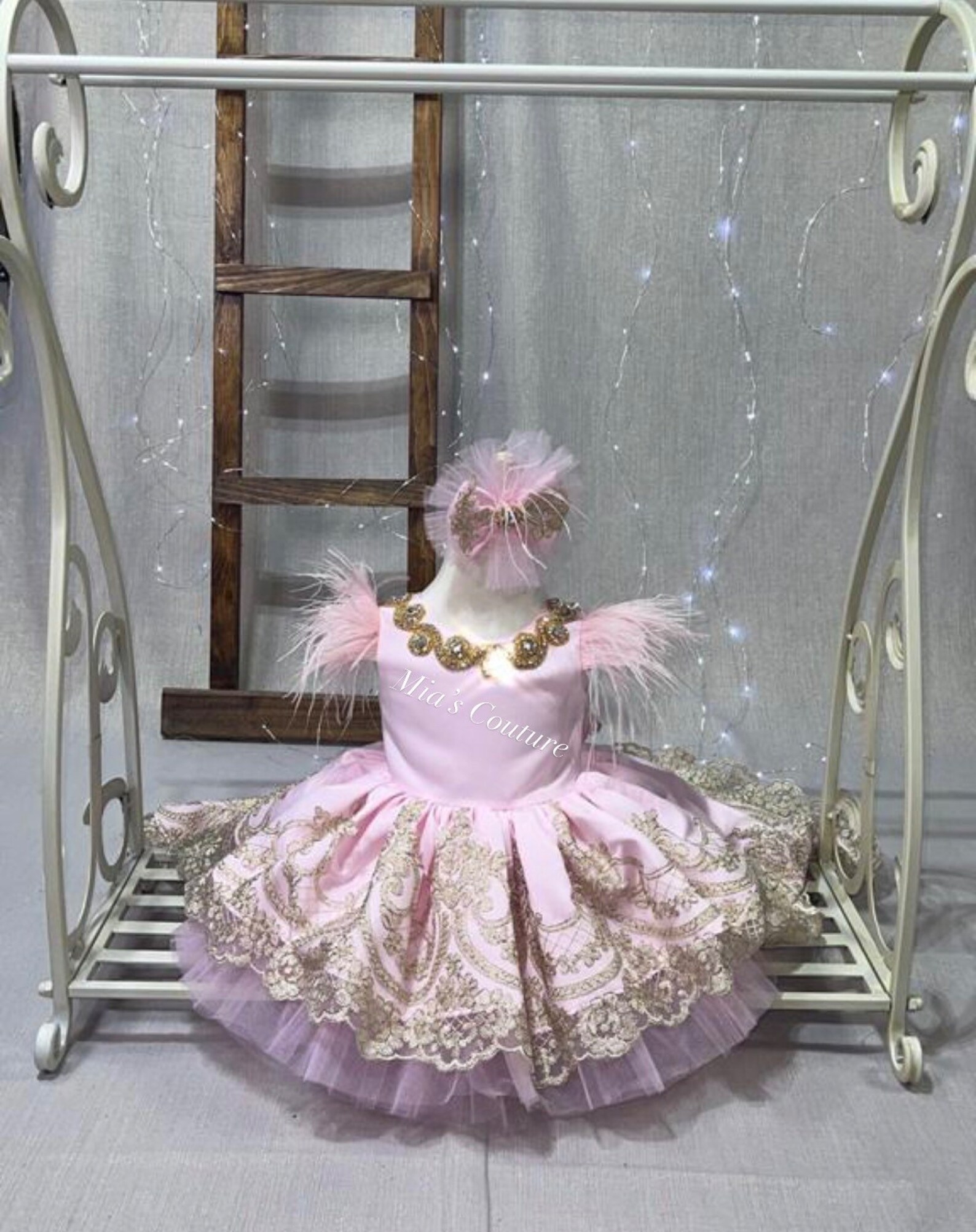 Princess Gown, Pink and Golden Lace Dress, Long Length Gown, Formal ...