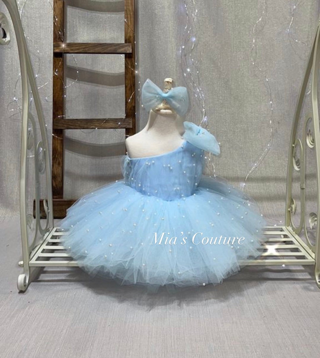 All Sky Blue Tulle Pearl Fluff off the Shoulder Big Bow Girls Dress ...