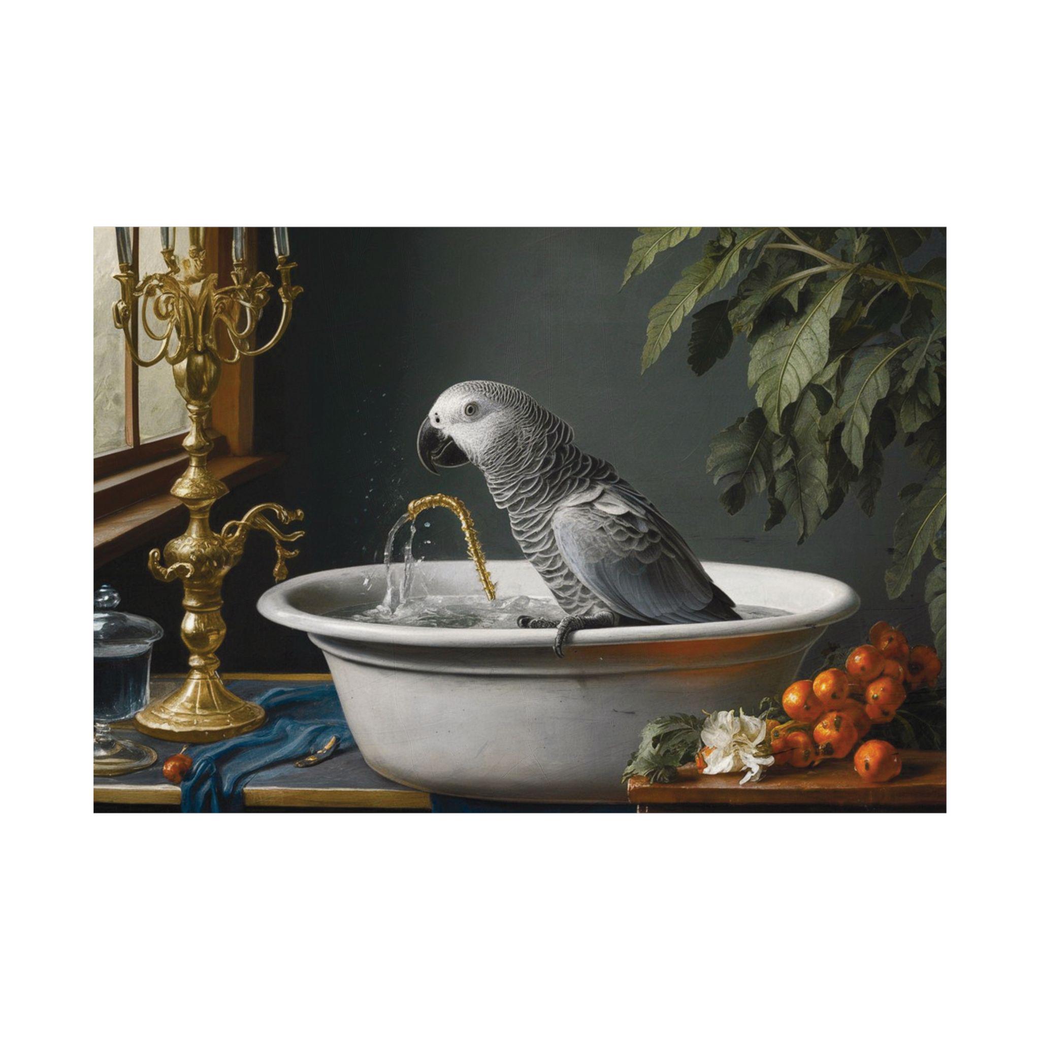 Vintage African Grey Taking A Shower Bathroom Art: Funny Victorian Era ...
