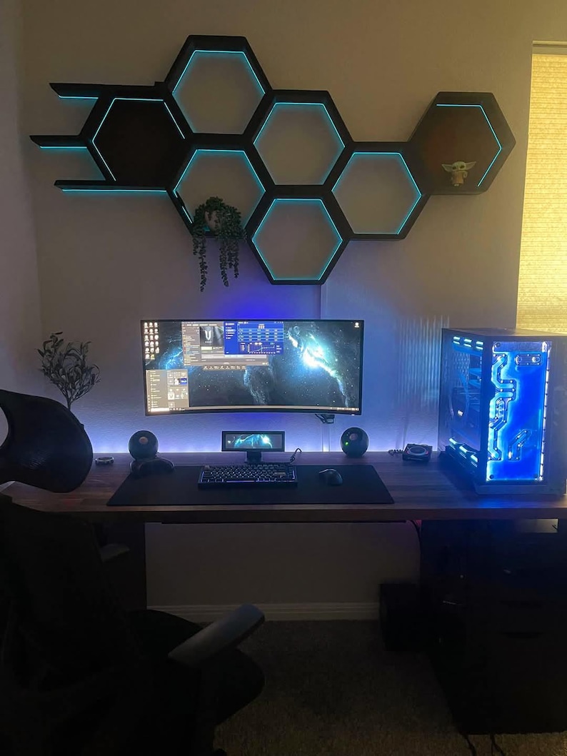 Cordless LED Hexagon Floating Shelves: Custom Wood Color - Etsy
