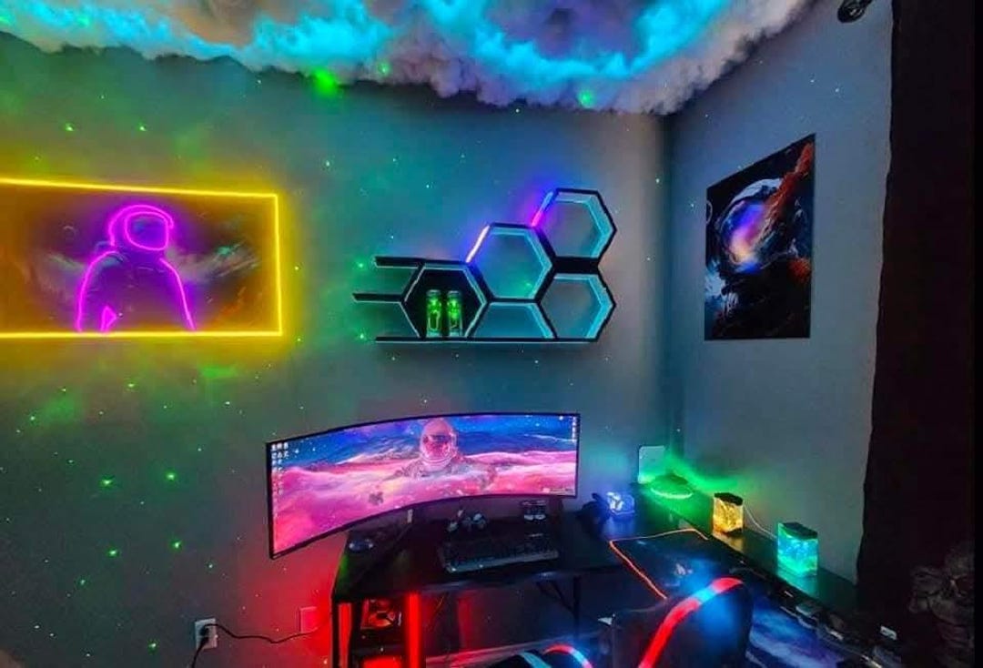 Geometric LED Hexagon Wall Shelf | Modern RGB Backlit Wall Decor ...