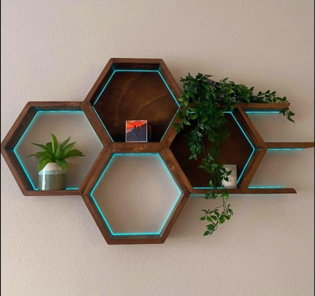 LED Hexagon Wall Shelf Modern Floating Display With Ambient Glow ...