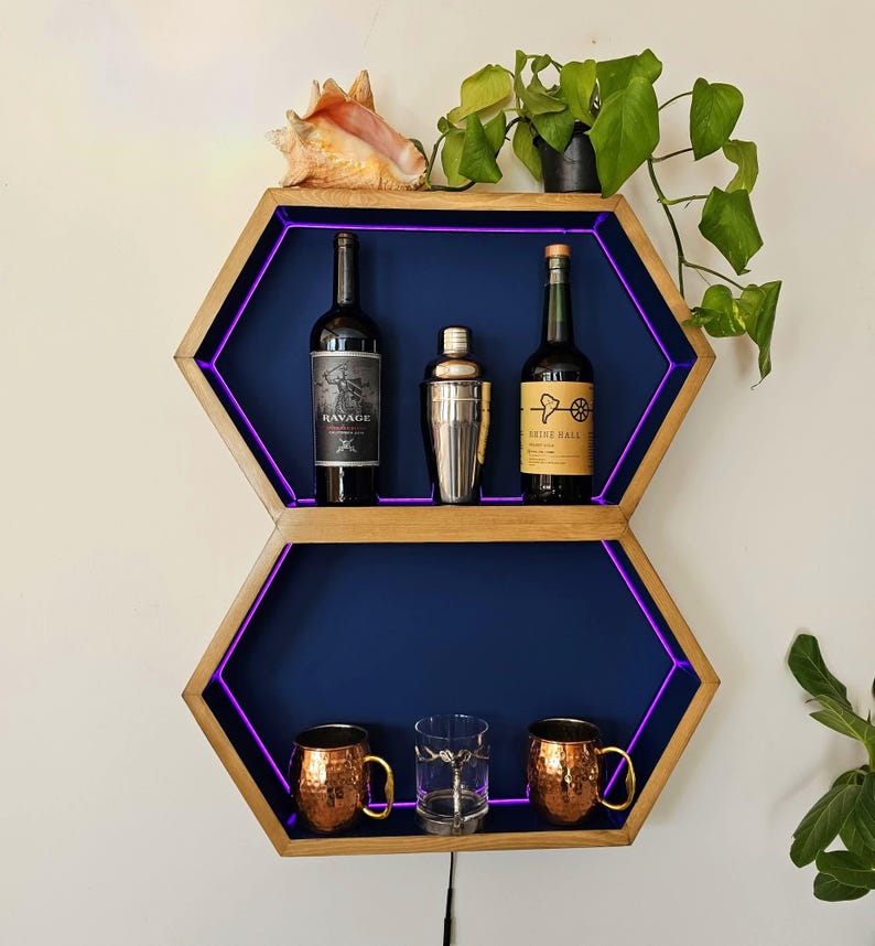 LED Hexagon Liquor Shelf | RGB Handmade Wood Floating Shelf - Etsy