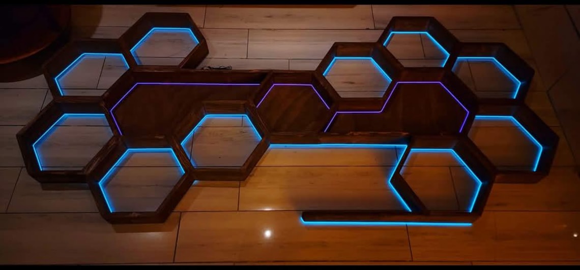 Handcrafted Infinity Hexagon Shelf: Multicolor LED Geometric Wall Art ...