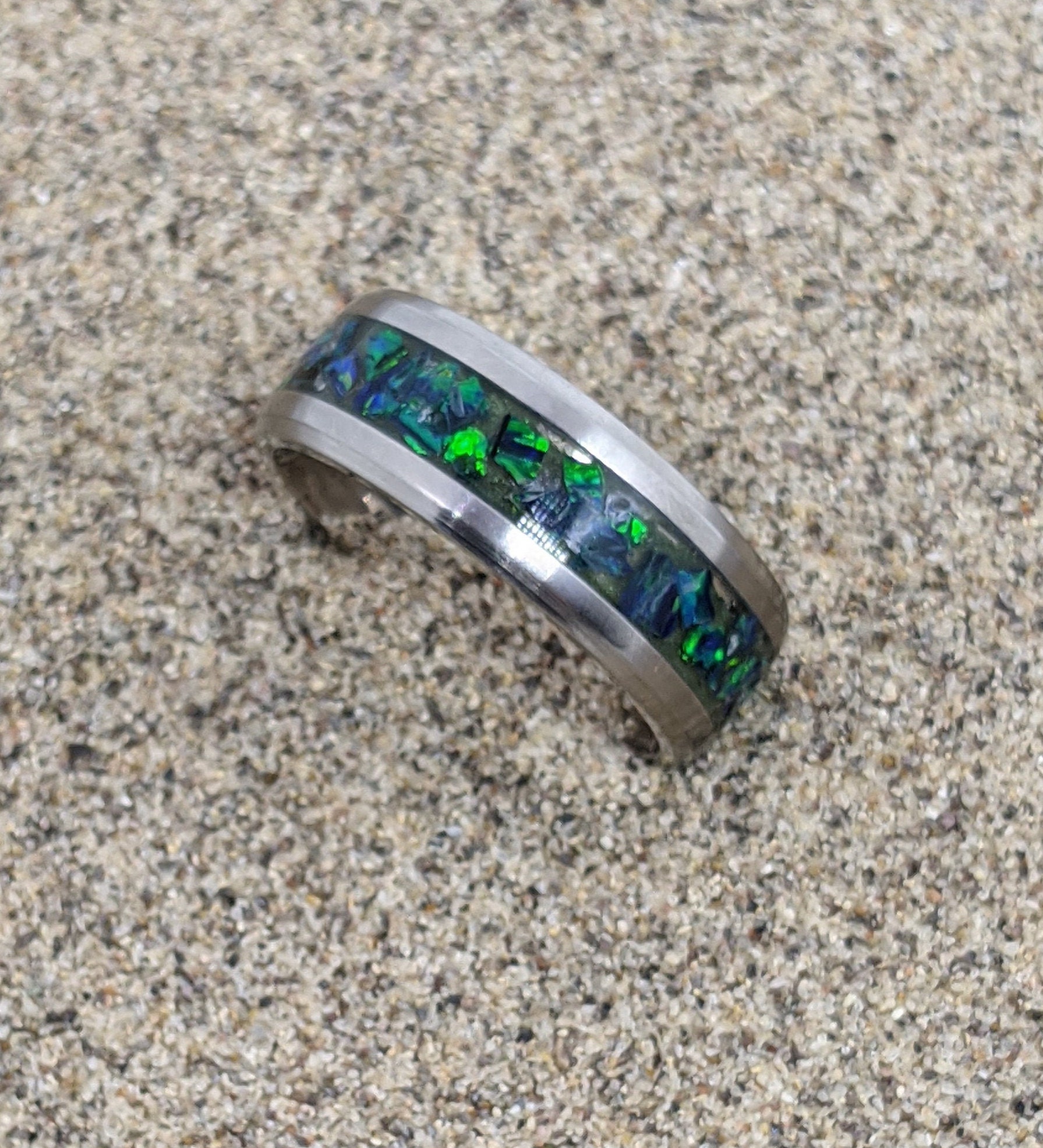 Green Opal Inlay With Obsidian Powder Glow Ring 4/6/8mm Wide - Etsy