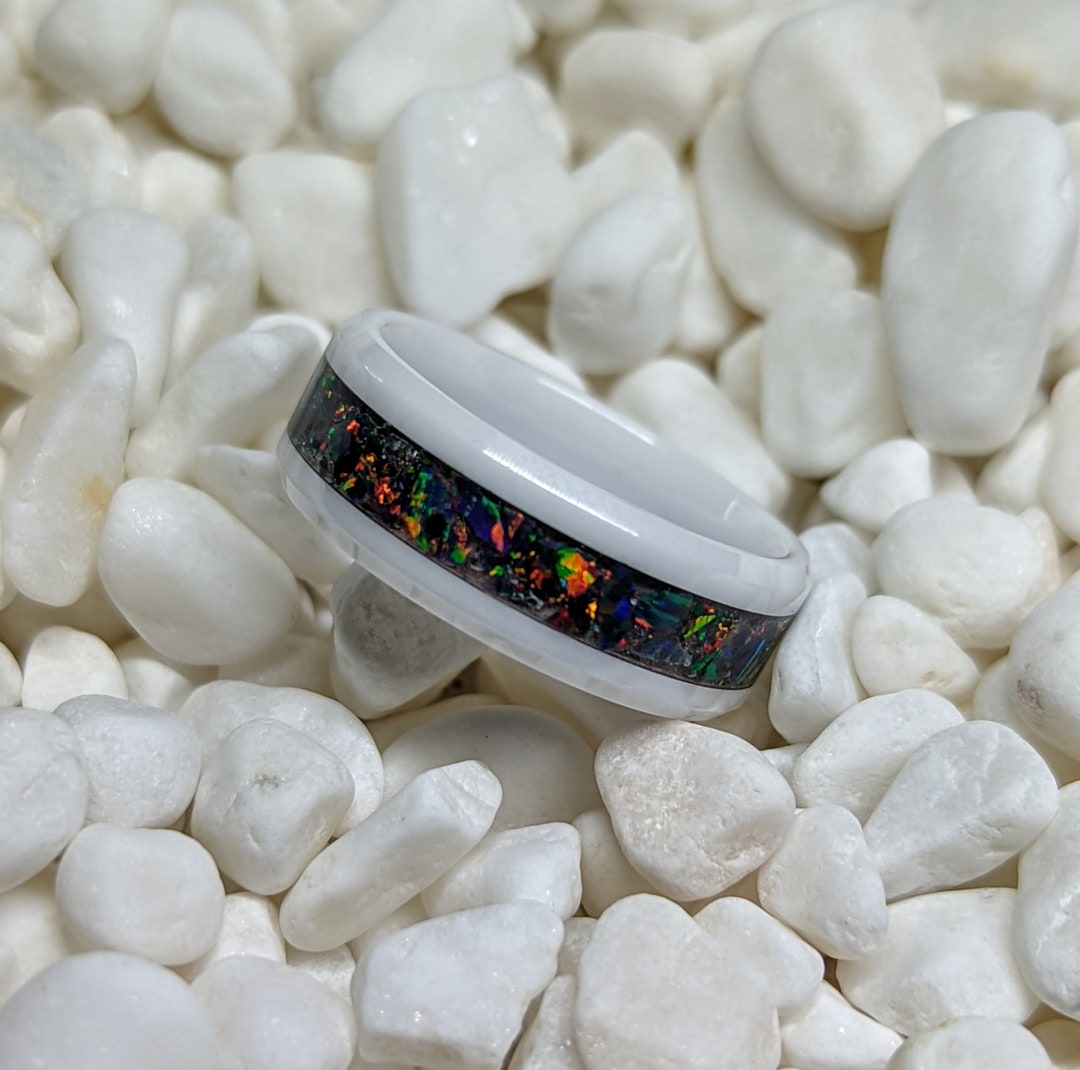 Black Fire Opal Inlay Iridescent Glow Ring in White Ceramic 4/8mm Wide ...