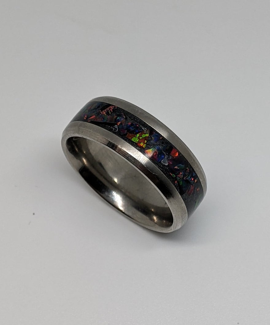 Black Fire Opal Inlay Iridescent Glow Ring 4/6/8mm wide ring | Etsy