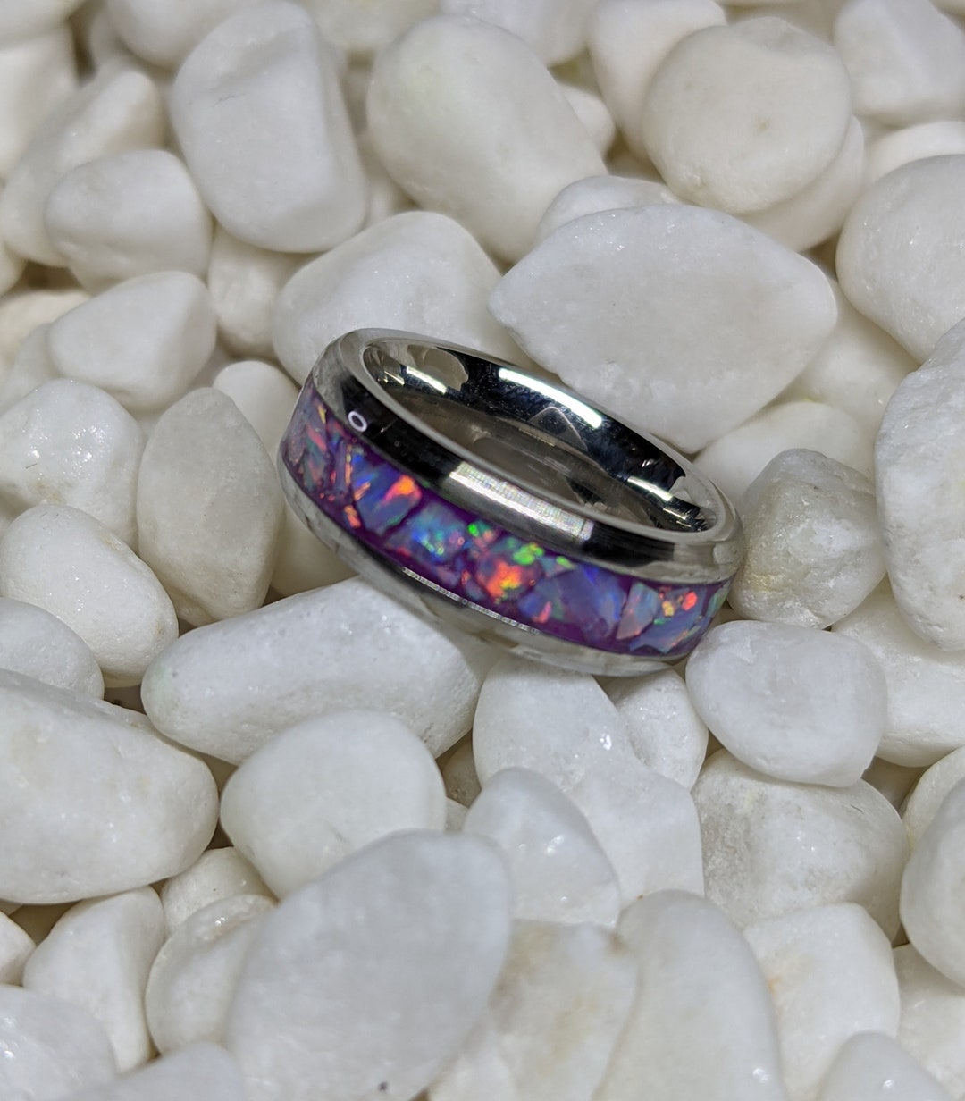 Light Purple Fire Opal Inlay Iridescent Glow Ring 4/6/8mm Wide Ring ...