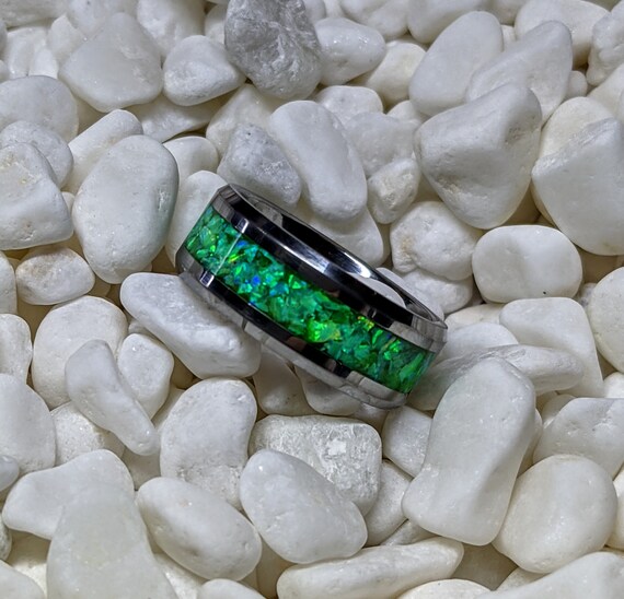 Green Opal Inlay With Obsidian Powder Glow Ring 4/6/8mm Wide - Etsy