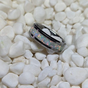 White Fire Opal Custom Inlay Iridescent Glow Ring 4/6/8mm Wide Ring ...