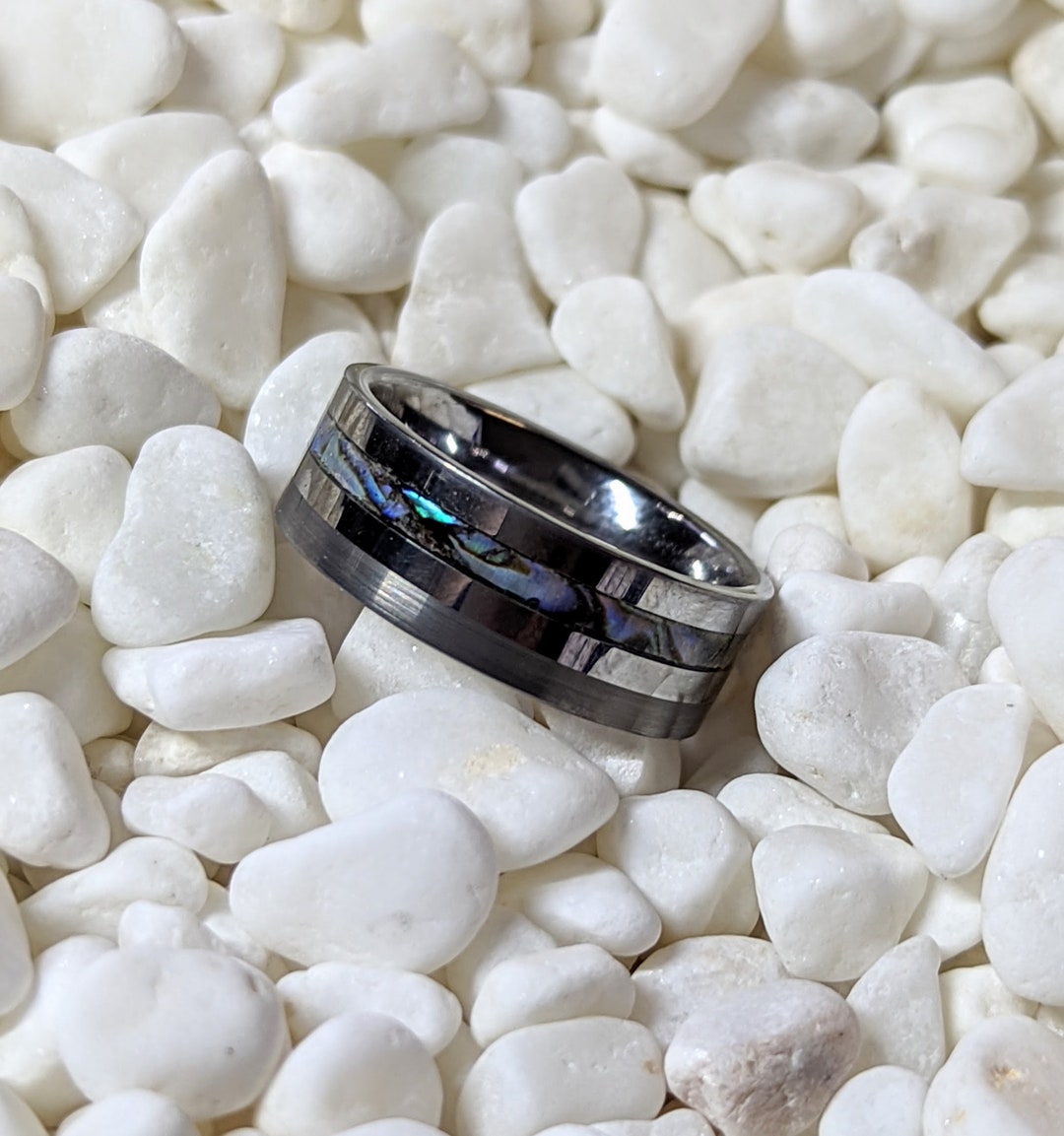 Abalone/mother of Pearl Tungsten Offset Channel Inlay Iridescent Glow ...