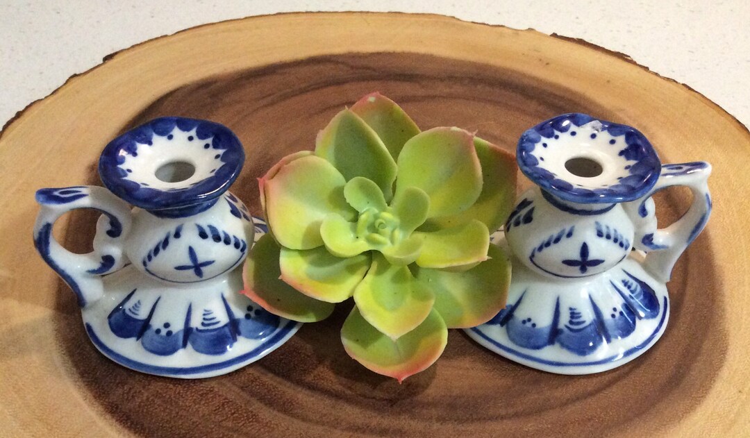 Russian Delft Style Candleholders - Vintage Candleholders - Blue and ...