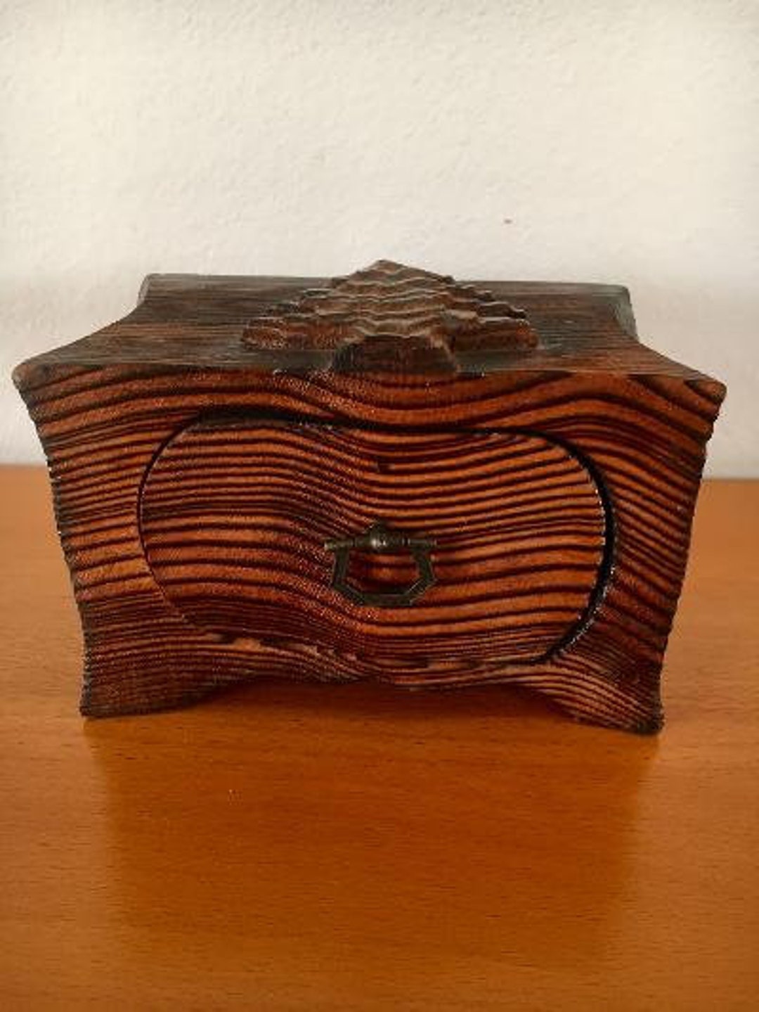 Wood Box With Drawer - Carved Pine Tree on Top - Carved From One Piece ...