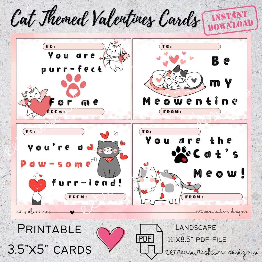 Valentines Day Printable, Cat Themed Valentine Kids Cards, Cute Cat ...