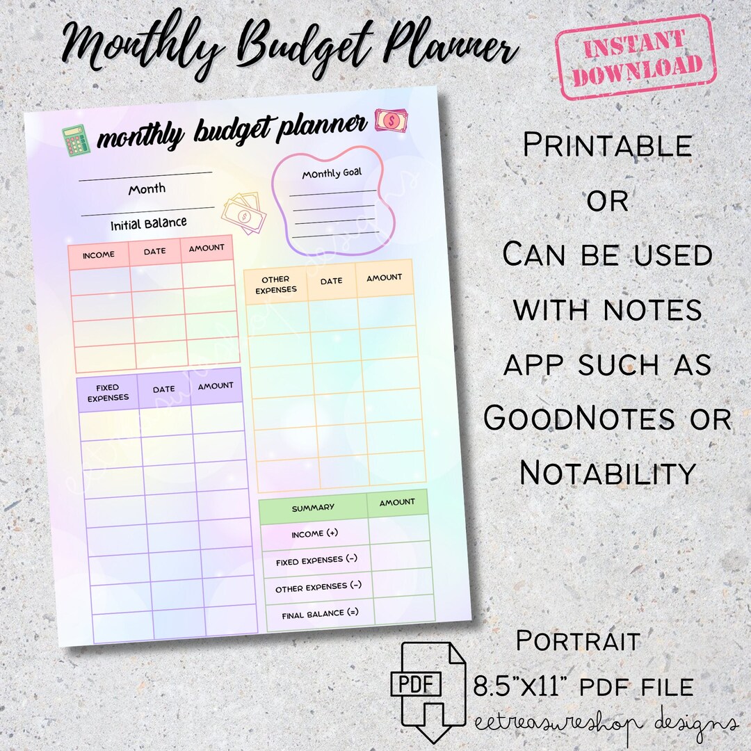 Monthly Budget Planner Printable PDF, Budget Planner Digital Download ...