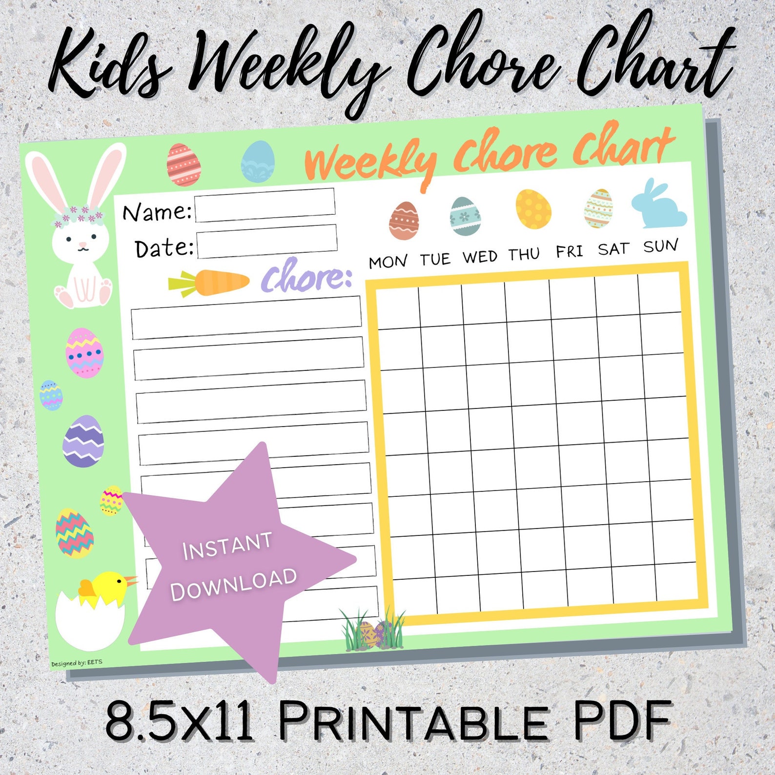 Kids Weekly Chore Chart, Printable Chore Sheet, Easter Chore Chart ...