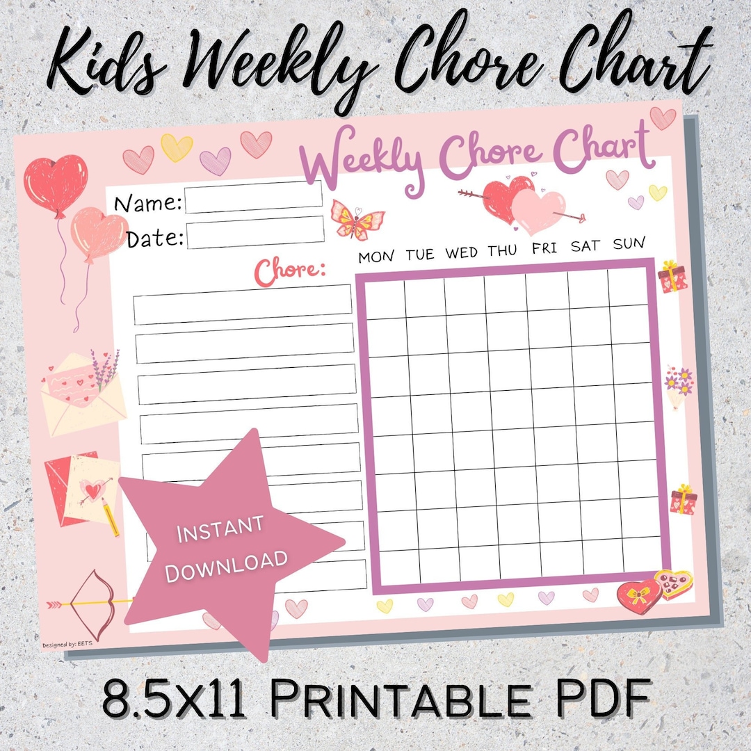 Kids Weekly Chore Chart, Printable Chore Sheet, Valentine's Day Chore ...