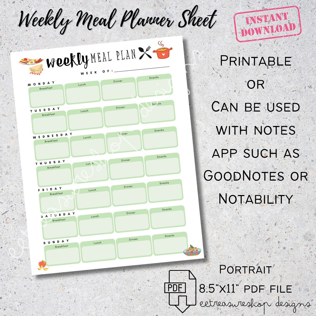 Weekly Meal Planner Sheet Printable PDF, Weekly Meal Planner Digital ...
