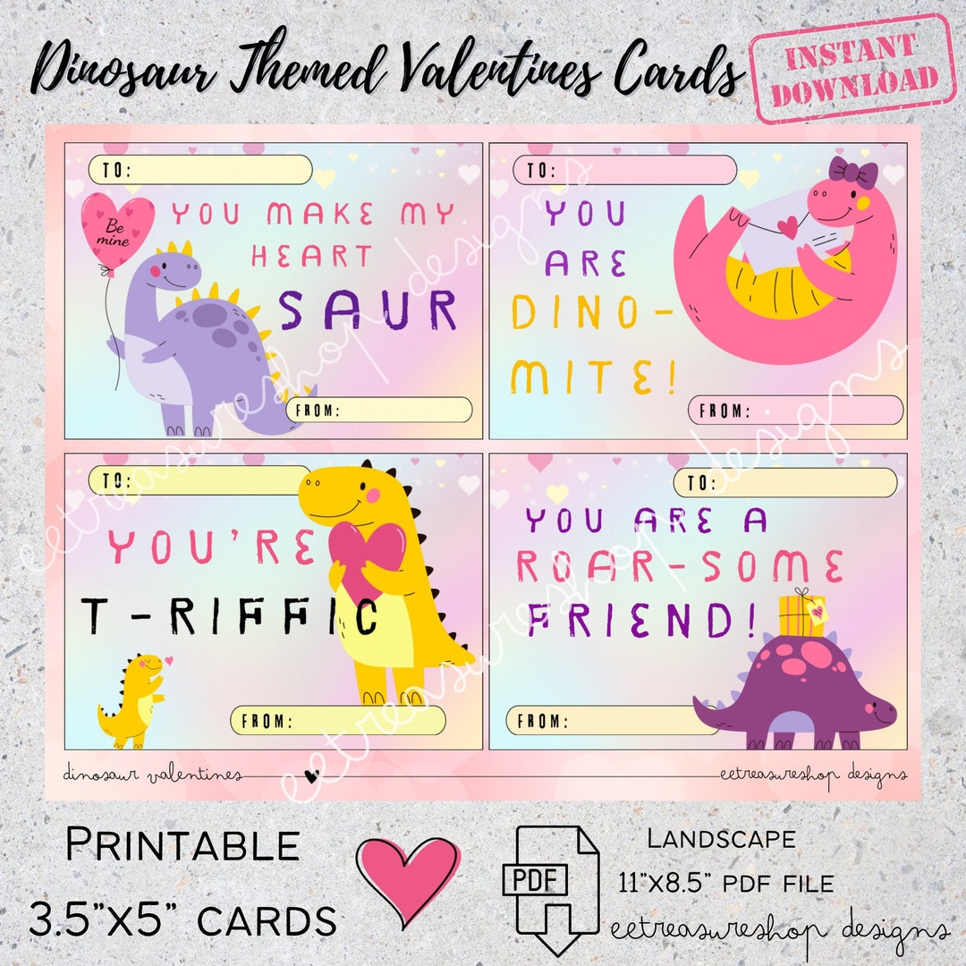 Valentines Day Printable, Dinosaur Themed Valentine Kids Cards, Cute ...