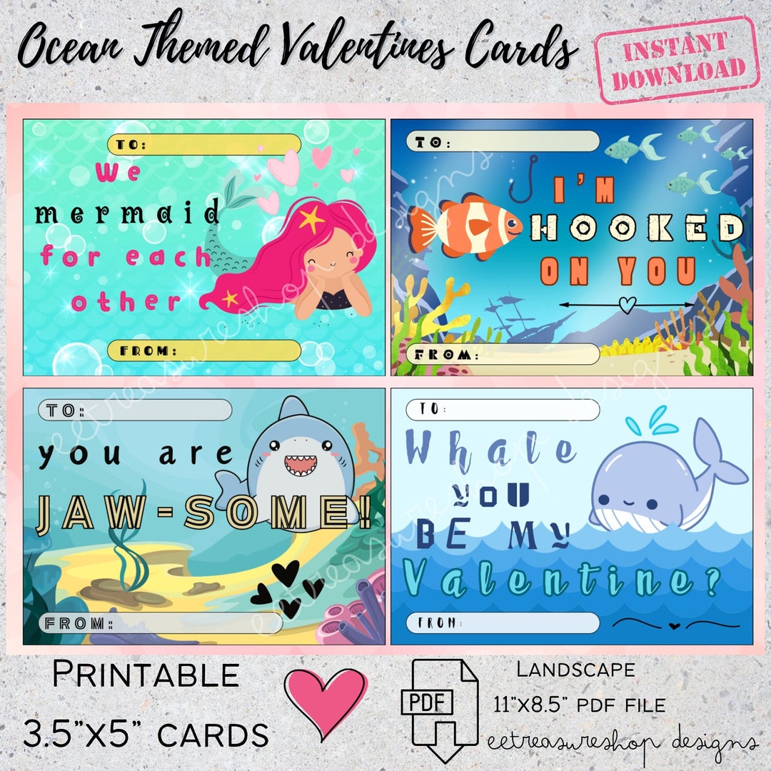Valentines Day Printable, Ocean Themed Valentine Kids Cards, Fish ...