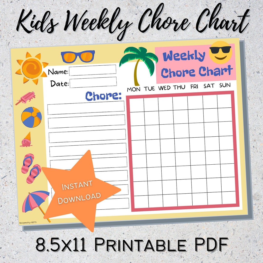 Kids Weekly Chore Chart, Printable Chore Sheet, Summer Chore Chart ...