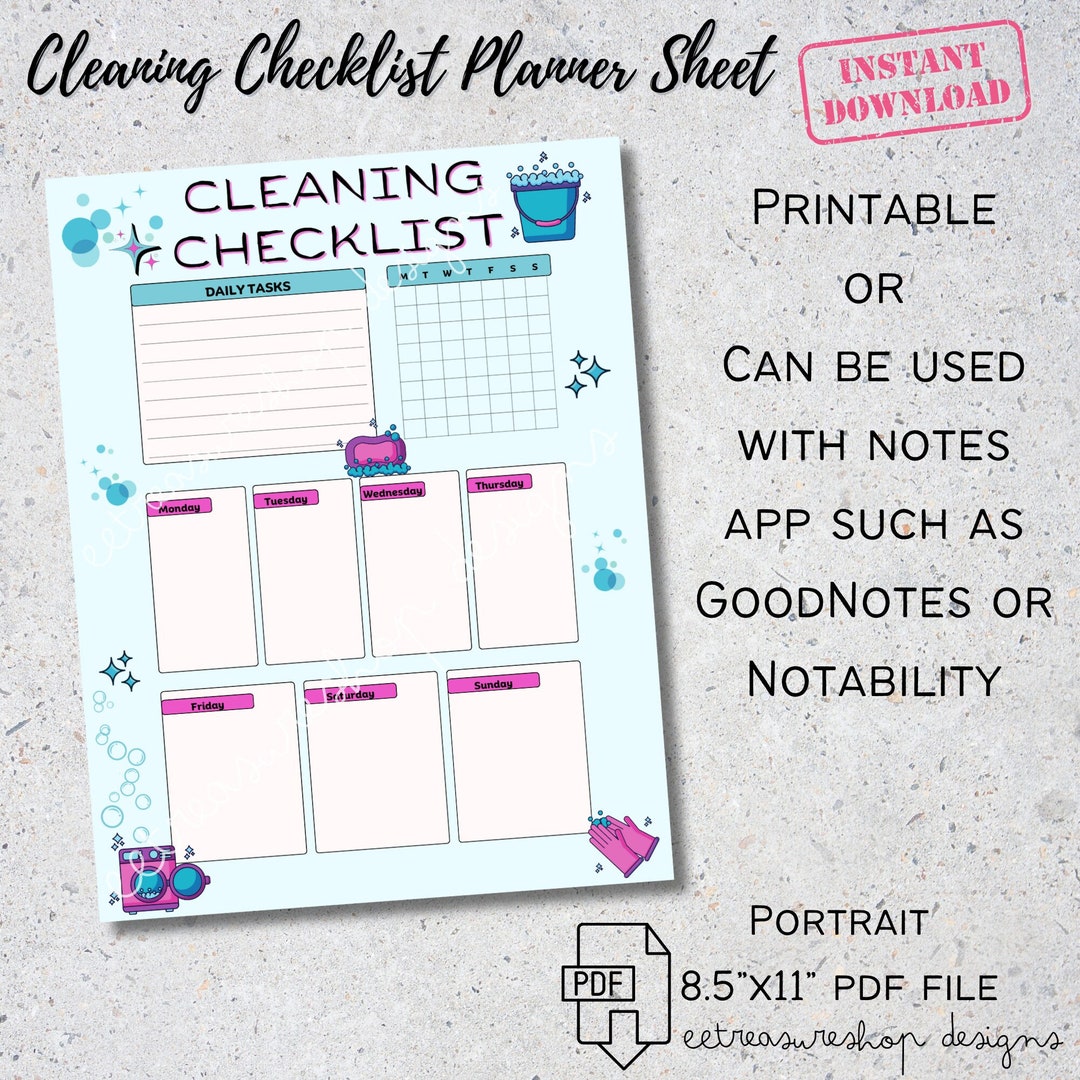 Cleaning Checklist Planner Sheet Printable PDF, Cleaning Chores ...