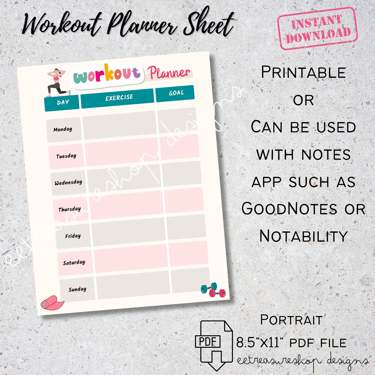 Workout Planner Sheet Printable PDF, Weekly Exercise Checklist Planner ...