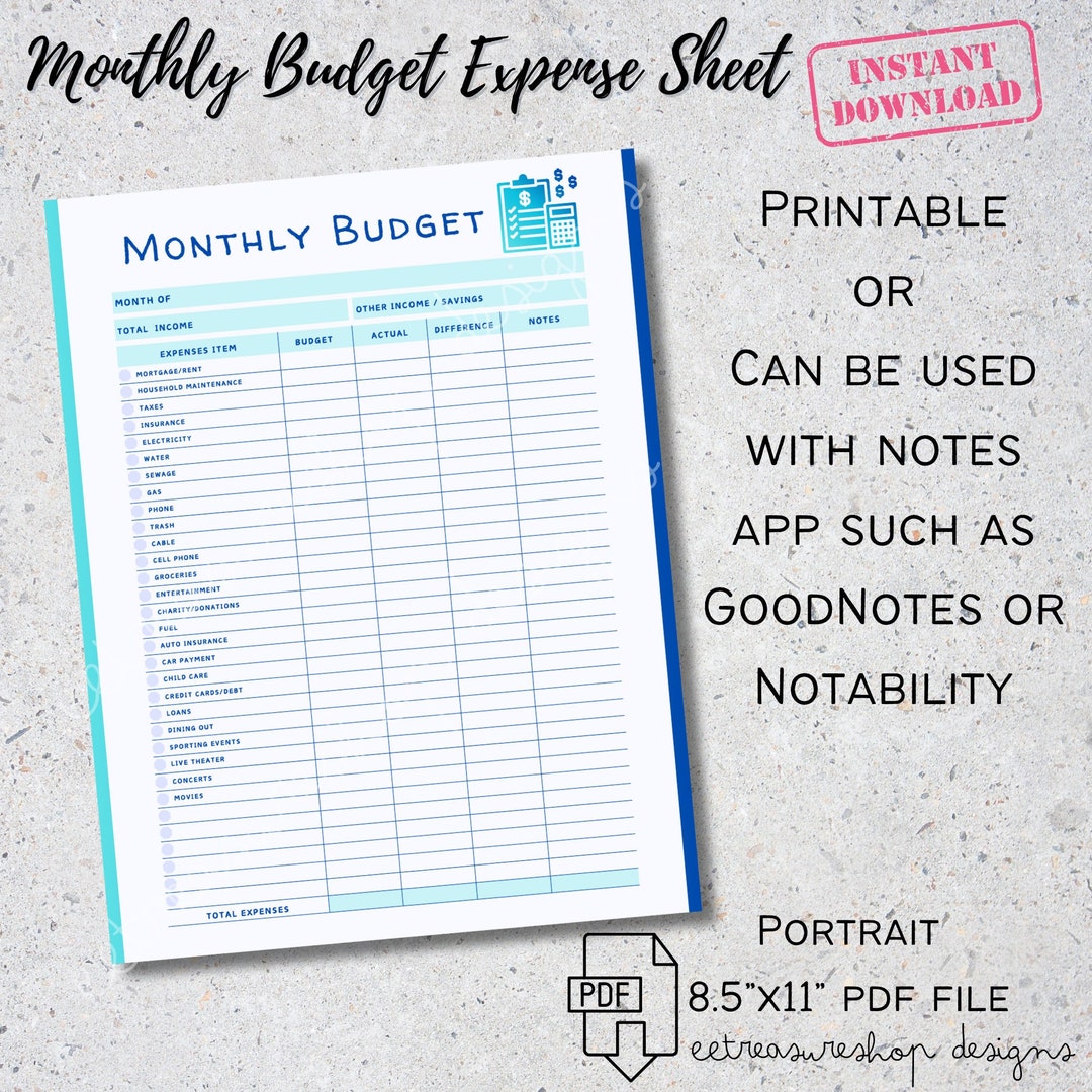 Monthly Budget Expense Sheet Printable PDF, Budget Planner Digital ...