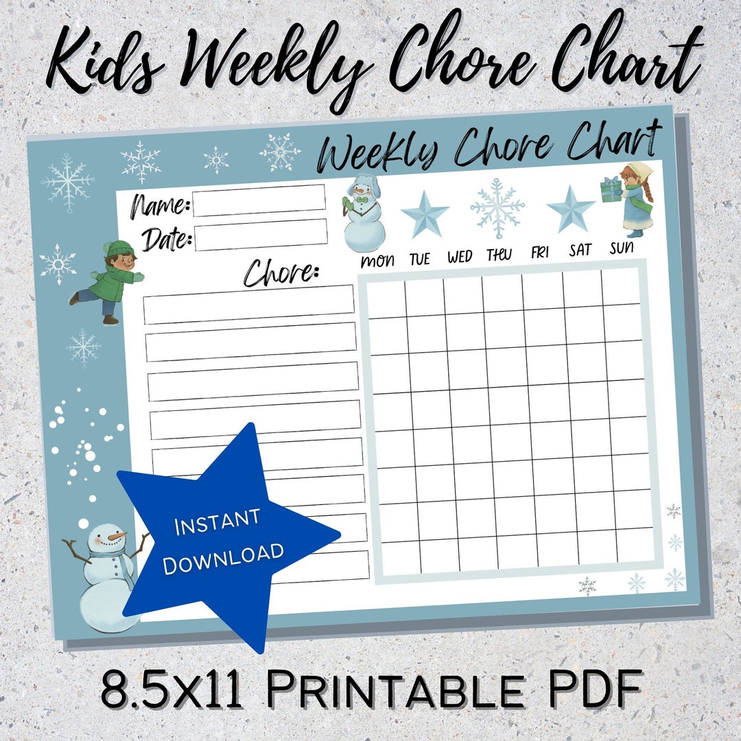Kids Weekly Chore Chart, Printable Chore Sheet, Winter Snow Chore Chart ...