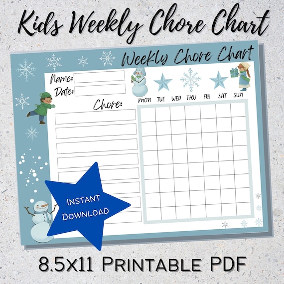 Kids Weekly Chore Chart Printable Chore Sheet Winter Snow | Etsy