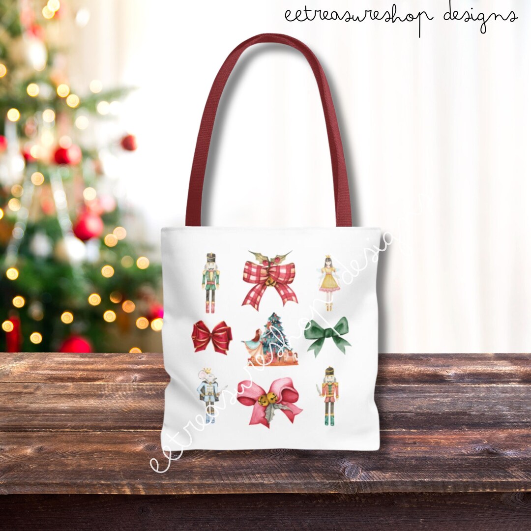 Nutcracker Christmas Bows Tote Bag, Holiday Shopping Bag, Festive ...