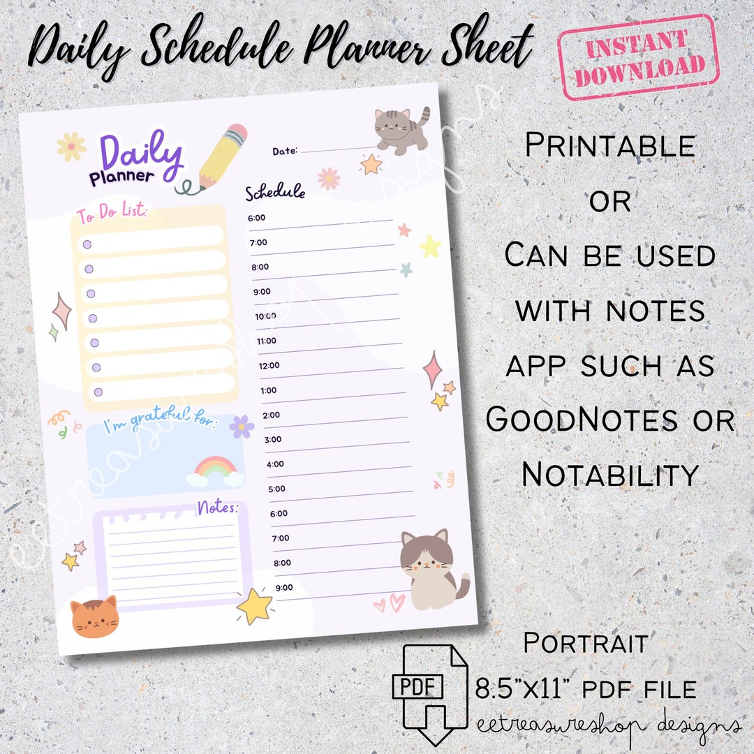 Daily Schedule Planner Sheet Printable PDF, Daily to Do Checklist ...