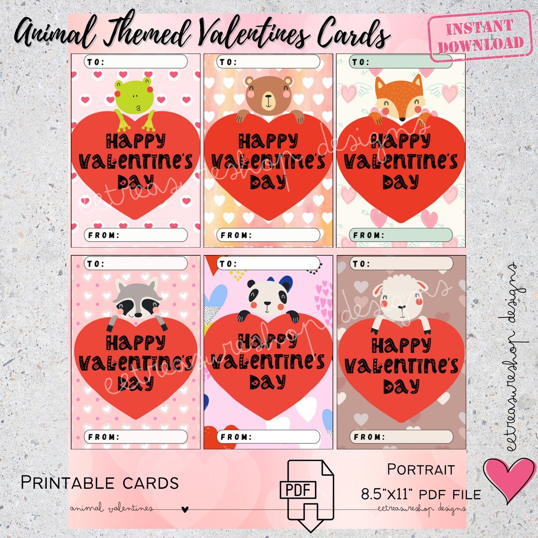 Valentines Day Printable, Animal Themed Valentine Kids Cards, Cute ...